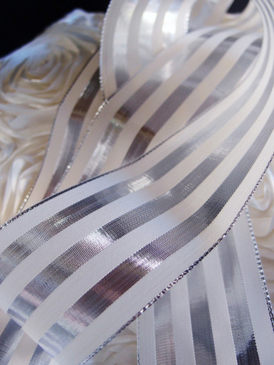 Silver & Ivory Metallic Striped Ribbon (4 sizes) - Packaging Decor