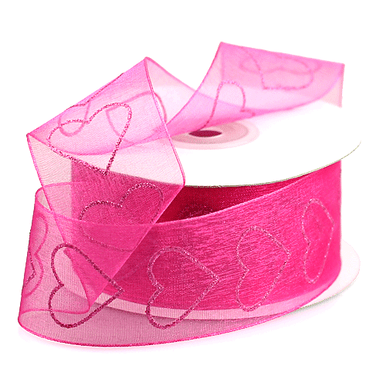 Hot Pink Sheer Ribbon with Hearts print - Packaging Decor
