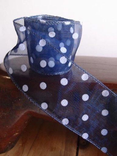 Navy Blue Sheer Ribbon with Fuzzy White Dots Wired - Packaging Decor