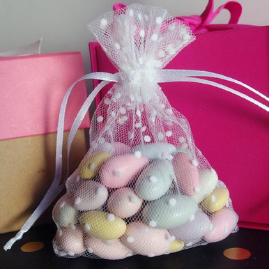 White Mesh Bag with Felt White Small Dots (3 Sizes) - Packaging Decor