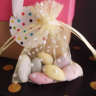 Yellow Mesh Bag with Felt White Small Dots (3 Sizes) - Packaging Decor