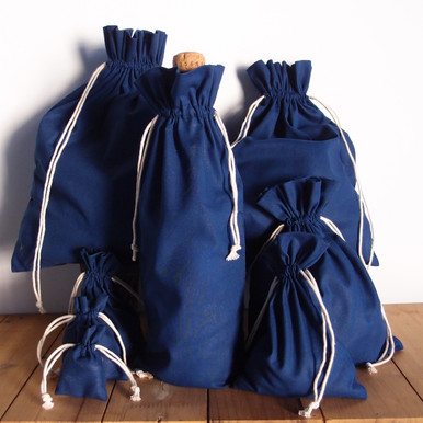 Navy Blue Cotton Natural Drawstrings Bags, Wholesale Cotton Bags