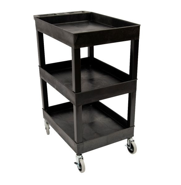 Three Shelf Plastic Utility Tub Cart with Outrigger Utility Cart Bins ...
