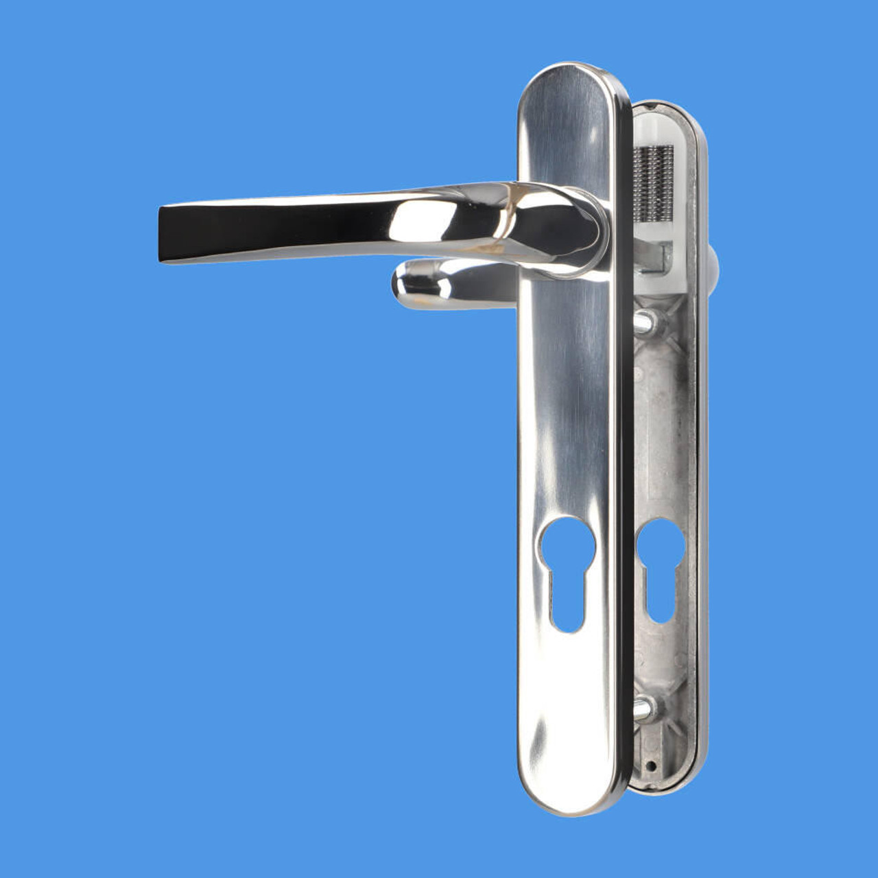 Door Handles with Concealed Screws 92mm Centre 122mm Screws in Polished Chrome