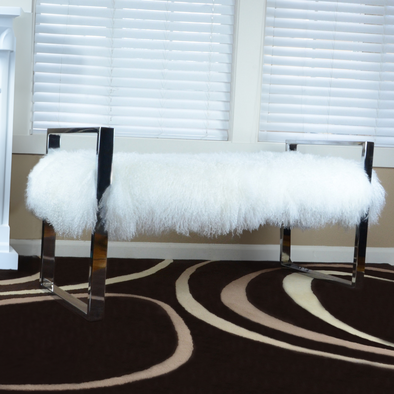 Tibetan Mongolian Lamb Fur Chromed Steel Frame Bench