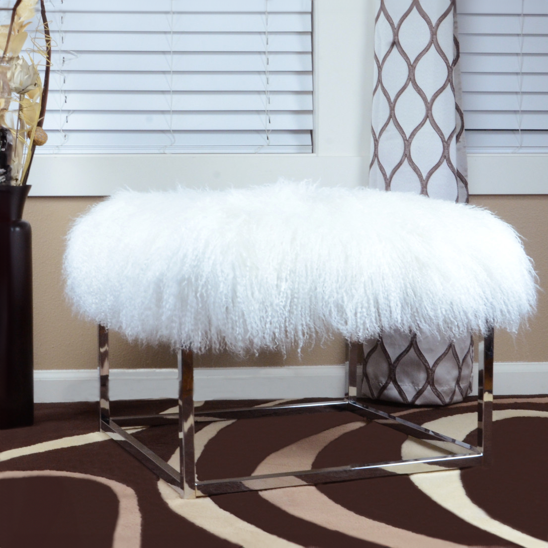 Mongolian Lamb Fur Square Ottoman