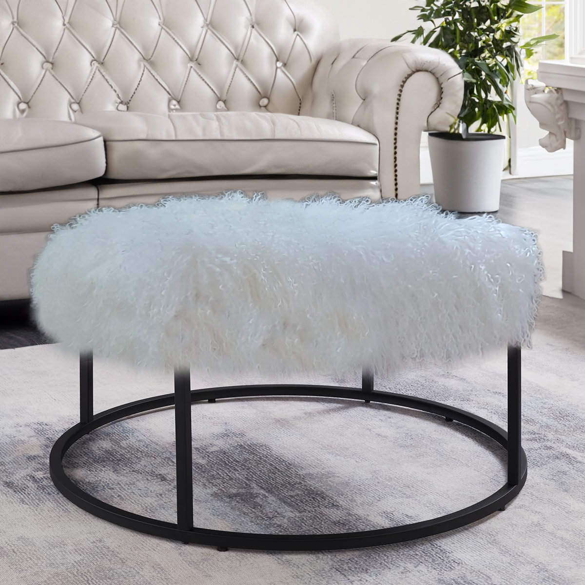 White Mongolian Lamb Fur Round Ottoman