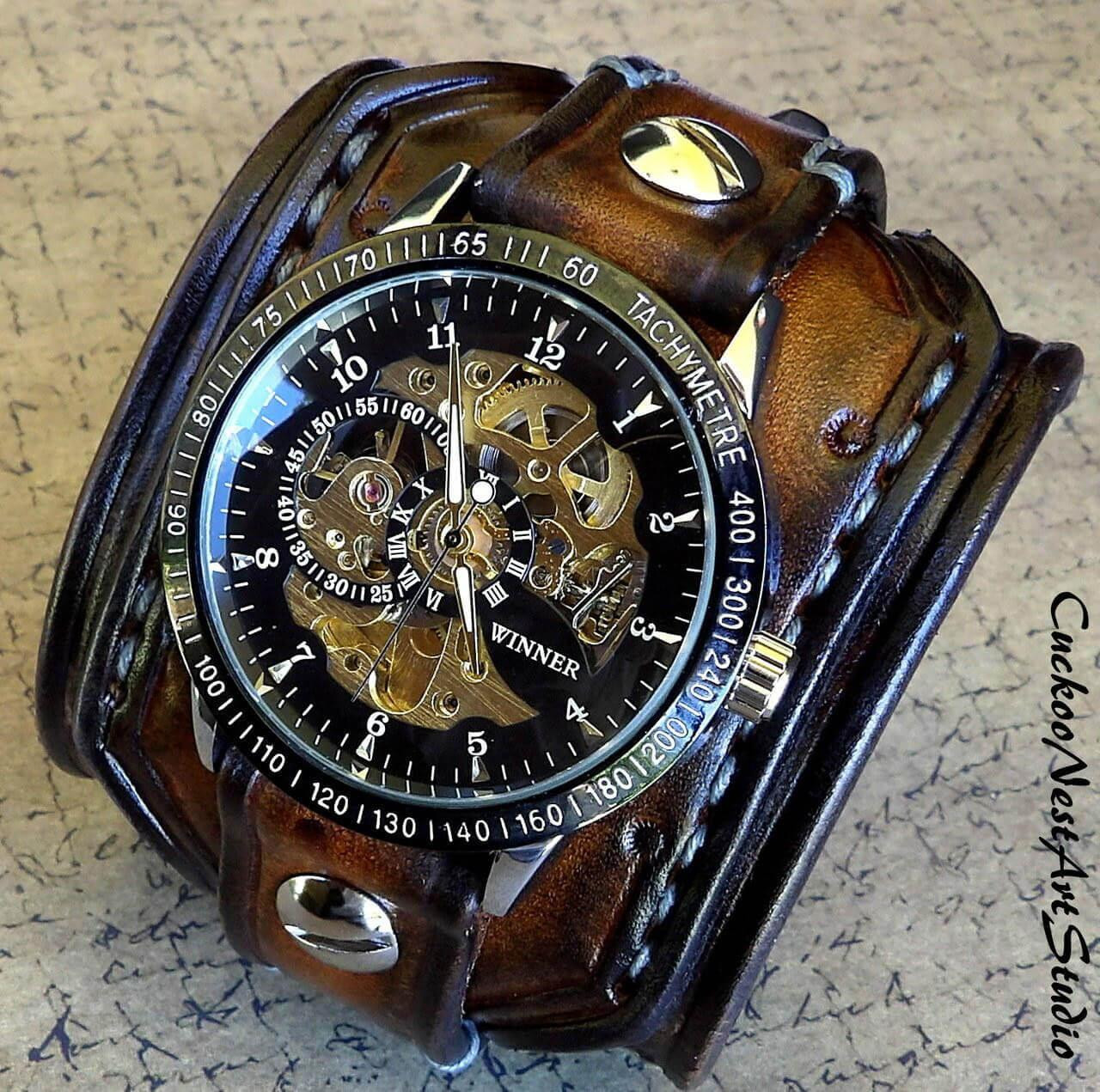 Steampunk Leather Cuff Watch | Handmade Aged Brown Leather | Cuckoo ...