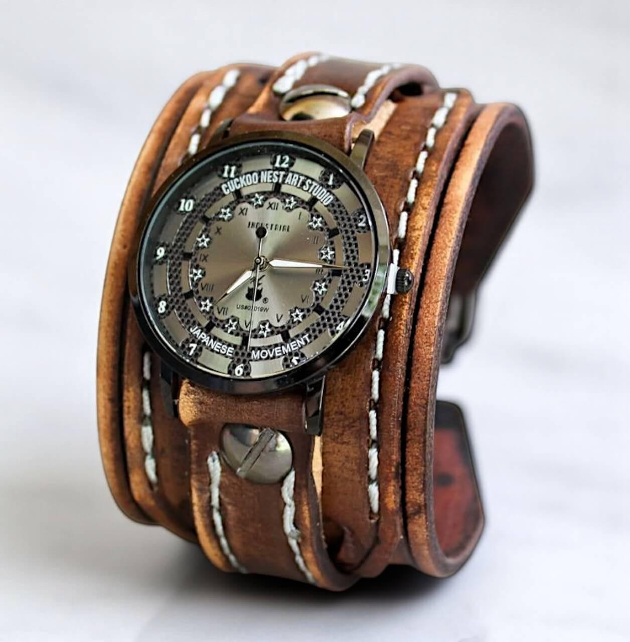Saddleback Leather Cuff Watch – Handmade 2" Cuff | Industrial Dial