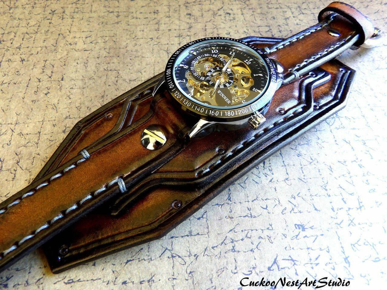 Steampunk Leather Cuff Watch | Handmade Aged Brown Leather | Cuckoo ...