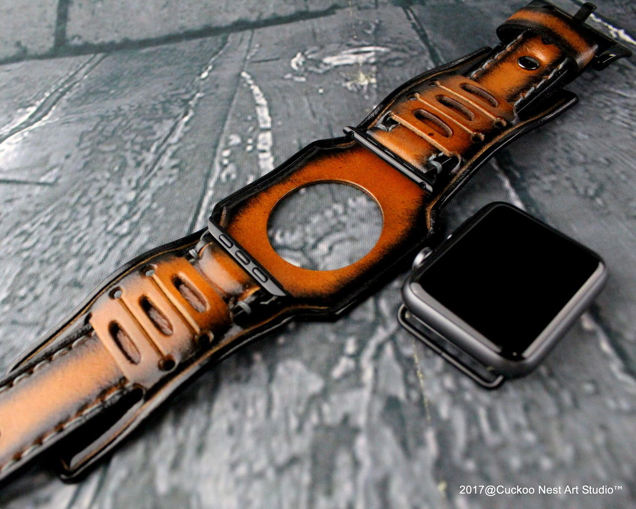 Aged Brown Leather Watch Cuff-Fits for Apple Watch-Throttle2