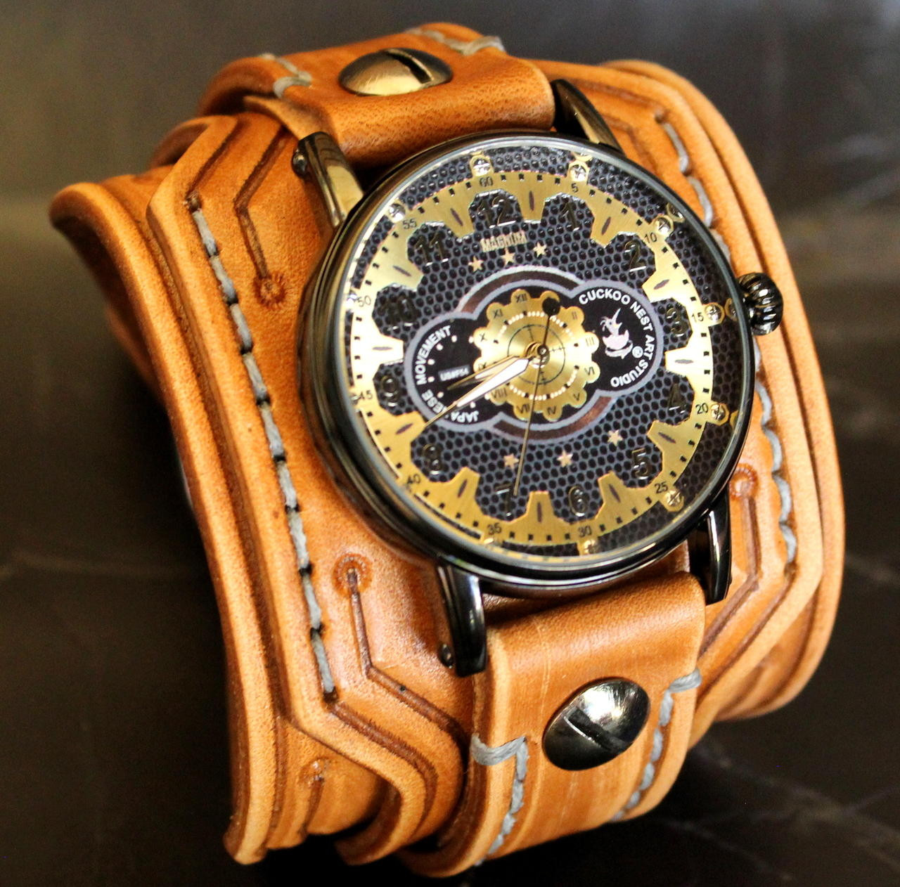 Mens Leather Cuff With Vintage Watch Brown