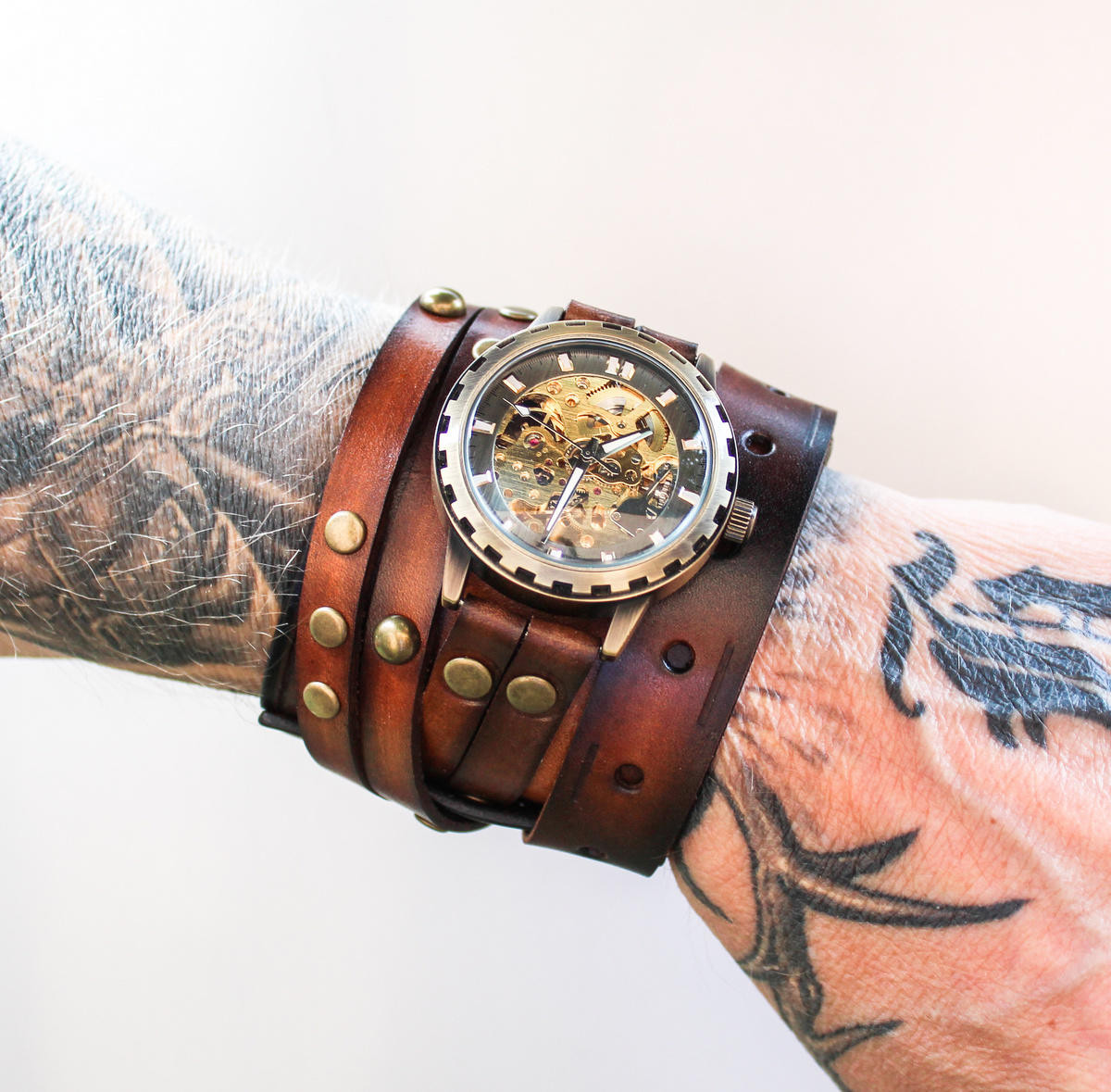 Mens Leather Cuff With Vintage Watch Brown