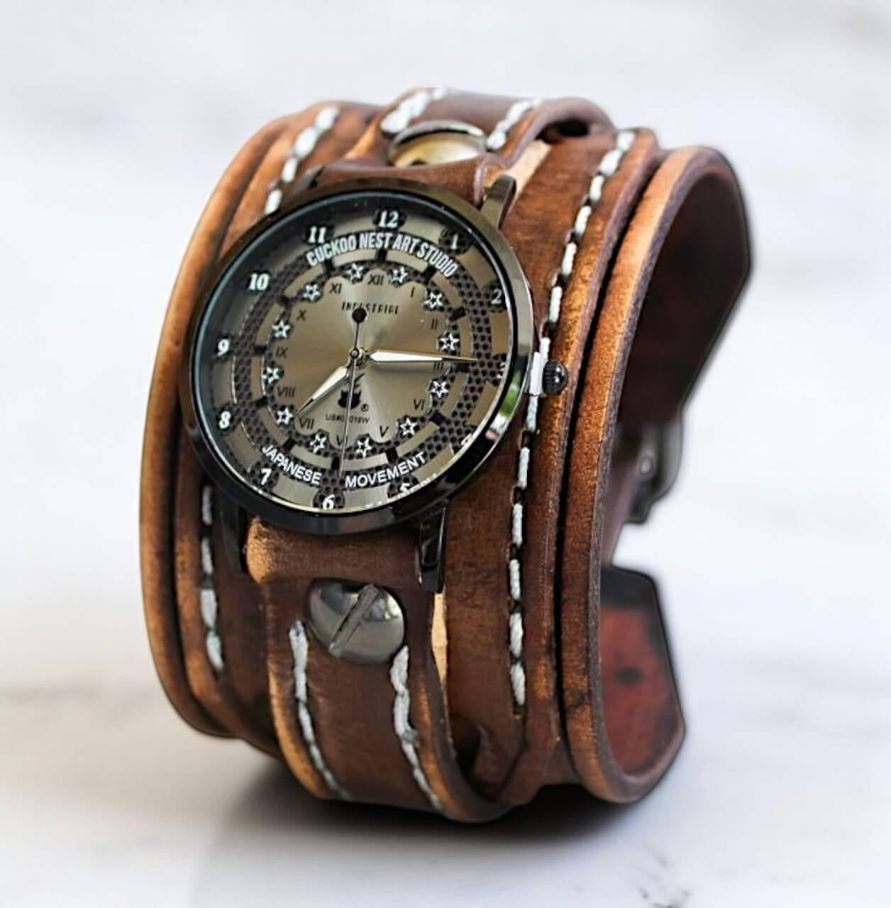 Saddleback Leather Cuff Watch – Handmade 2" Cuff | Industrial Dial