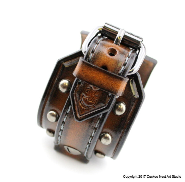 STEAMPUNK RIVETED LEATHER CUFF WATCH IN AGED BROWN COLOR