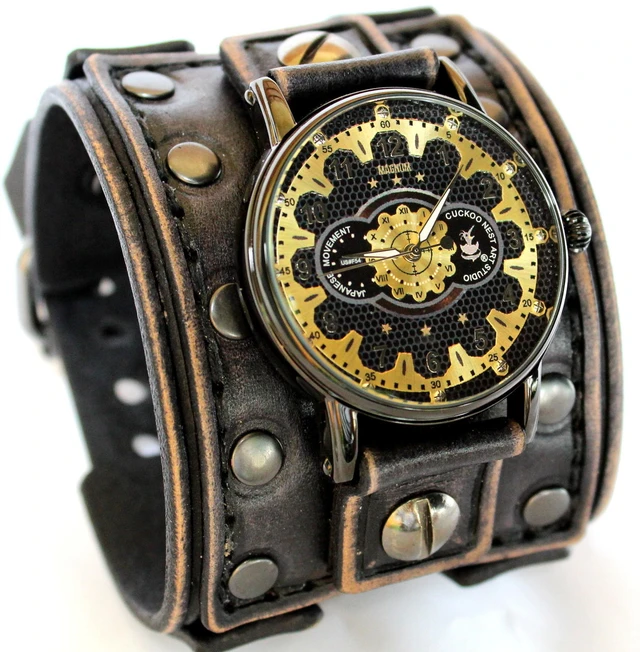 Mens Leather Cuff With Vintage Watch Brown