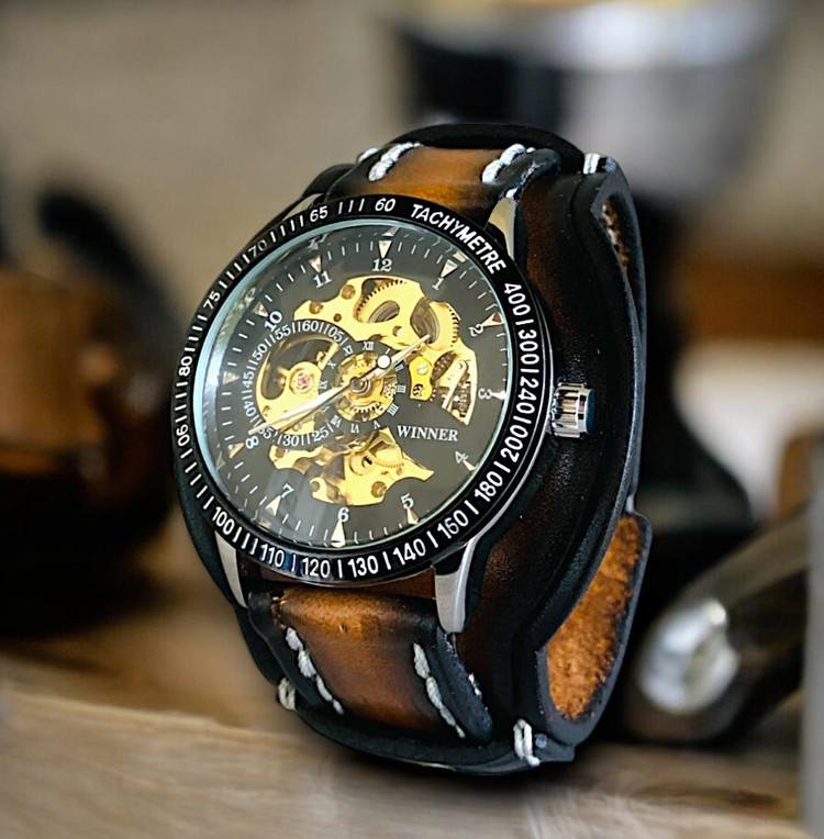Men's Steampunk Skeleton Leather Watch – Aged Brown