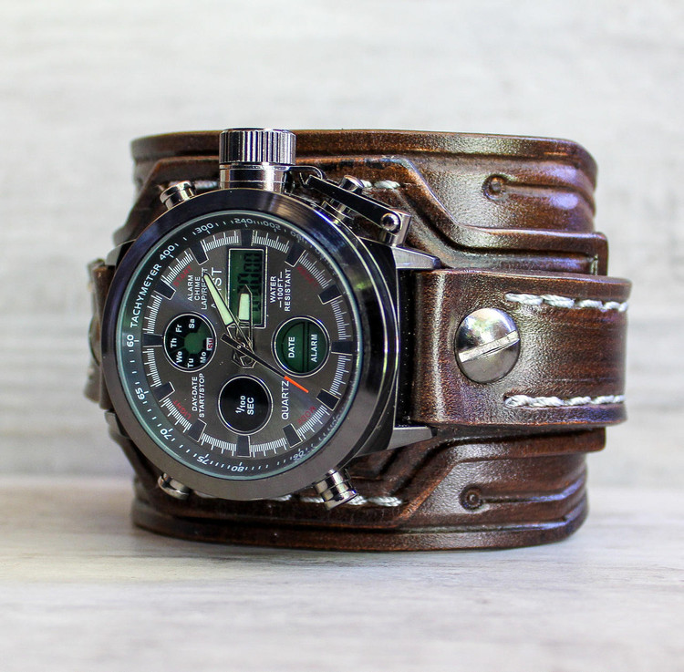 Brown Leather Watch cuff with Digital Watch