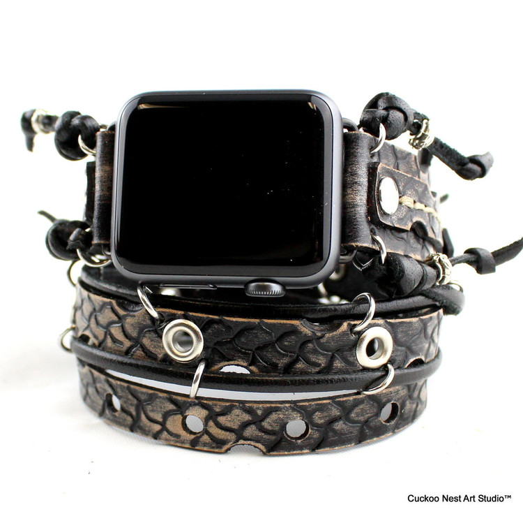 Hand tooled Leather Watch Strap for Apple Watch with Cross Charm