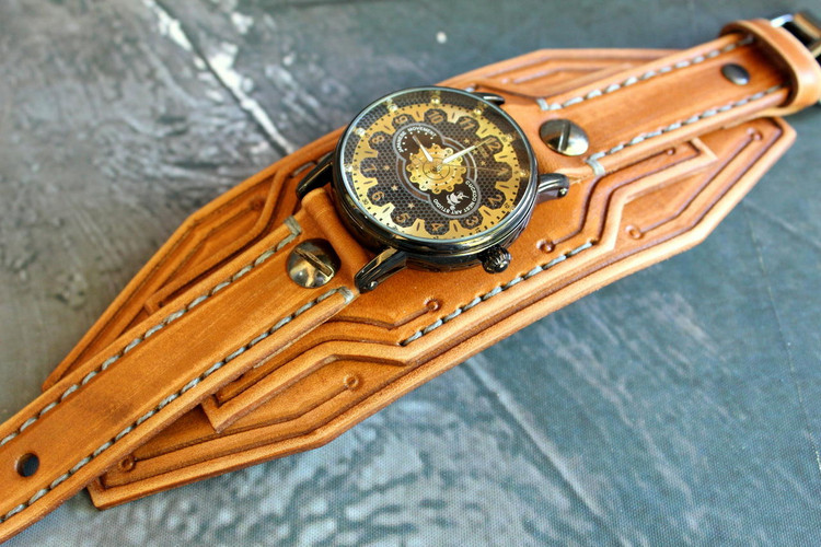 Brown leather cuff watch|Handmade| with MAGNUM watch