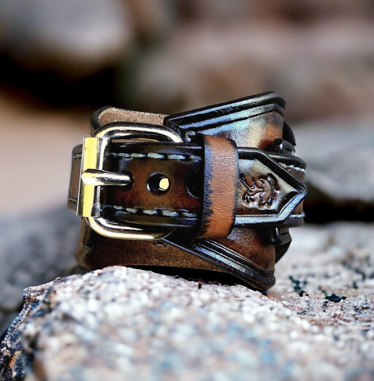Men's Wide Leather Cuff Watch with Gold Detail