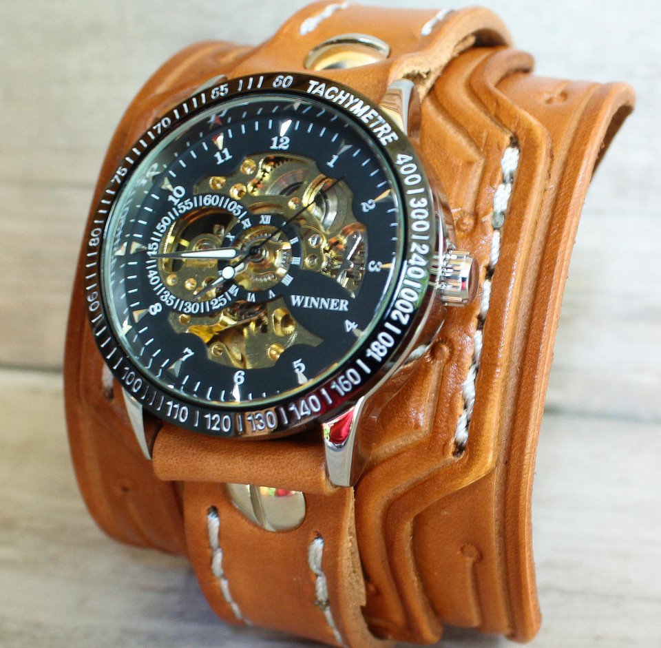 Wide black leather watch band with vintage looking watch face