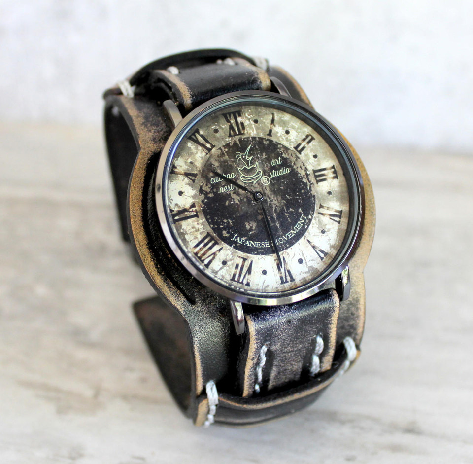 Distressed Black Full Grain Leather Watch Cuff - Get it Now at Cuckoo Nest!