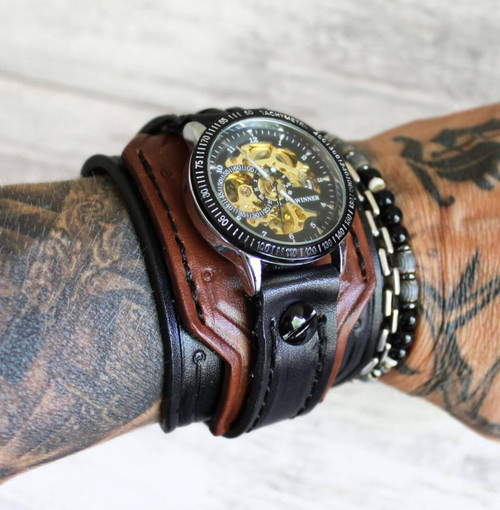 Men's Leather Cuff Watch | Steampunk Wide Band | Handmade USA
