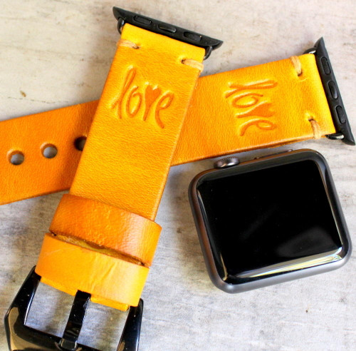 Yellow leather apple watch band with Love stamp