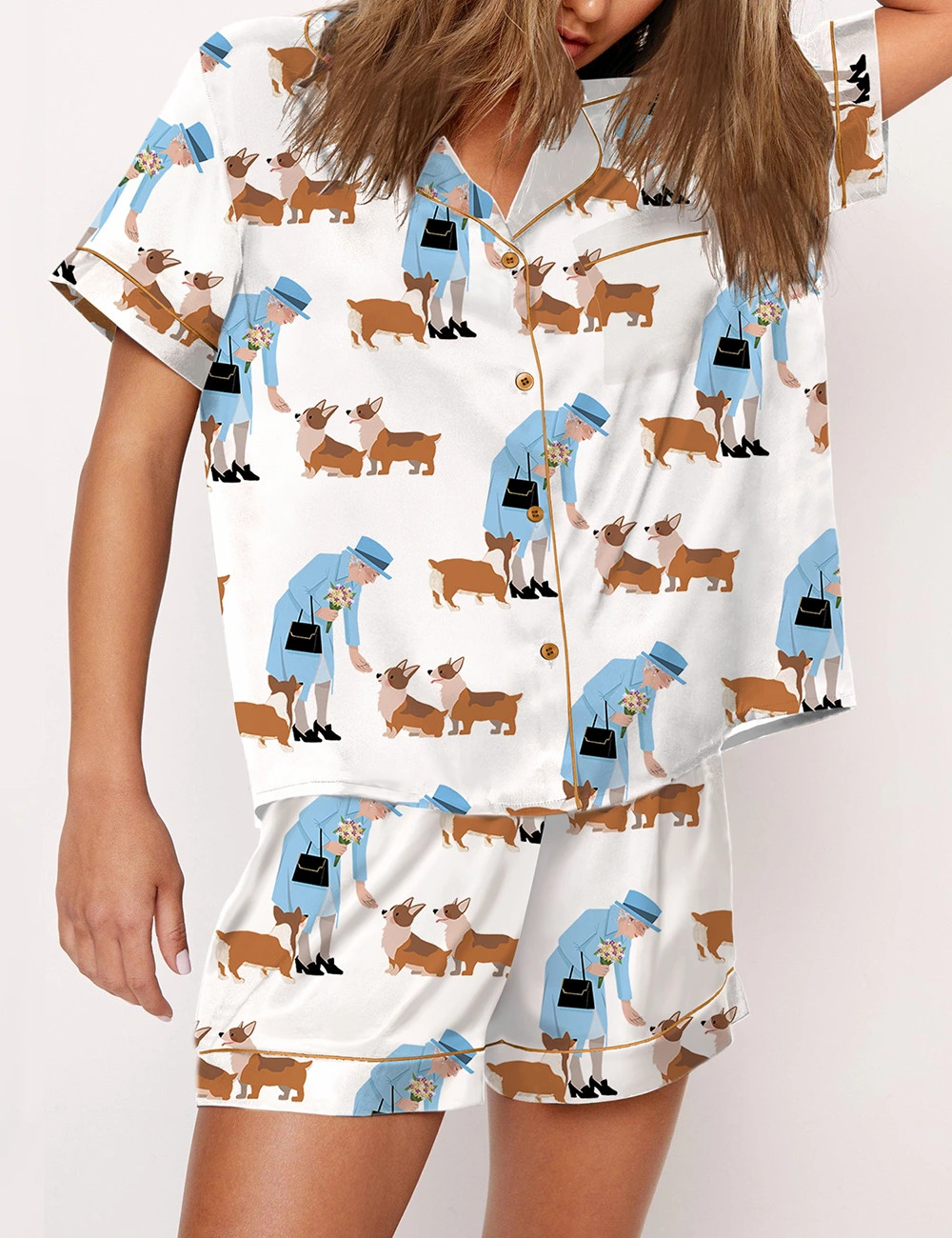Queen Elizabeth II And Her Corgis Satin Pajama Set For Women