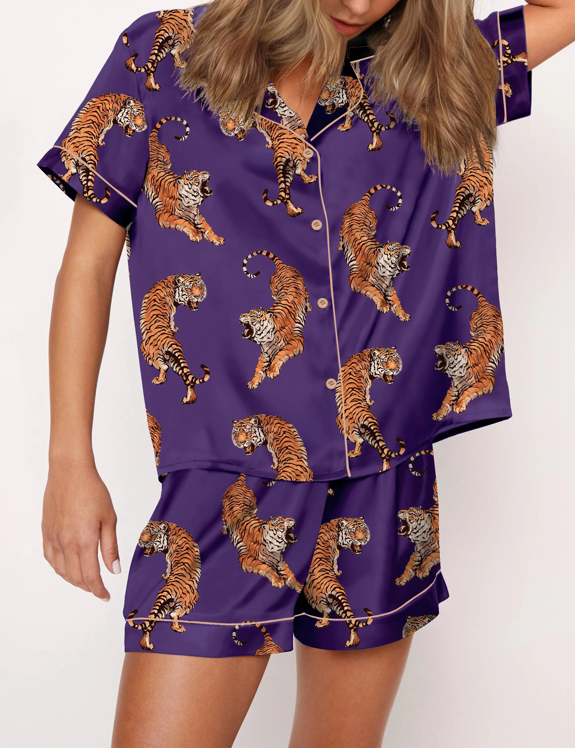 Vintage Tiger Satin Pajama Set For Women