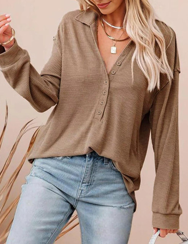 Button Front Long Sleeve Ribbed Shirt For Women