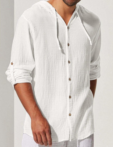 Crinkled Cotton Button Front Hooded Top For Men