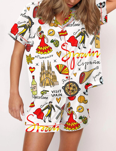Spain Travel Satin Pajama Set For Women