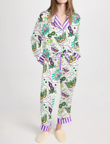 Mardi Gras Masks Beads Doodle Contrast Satin Pajama Set For Women