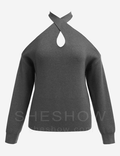 Gray Long Sleeve Halter Neck Lightweight Sweater