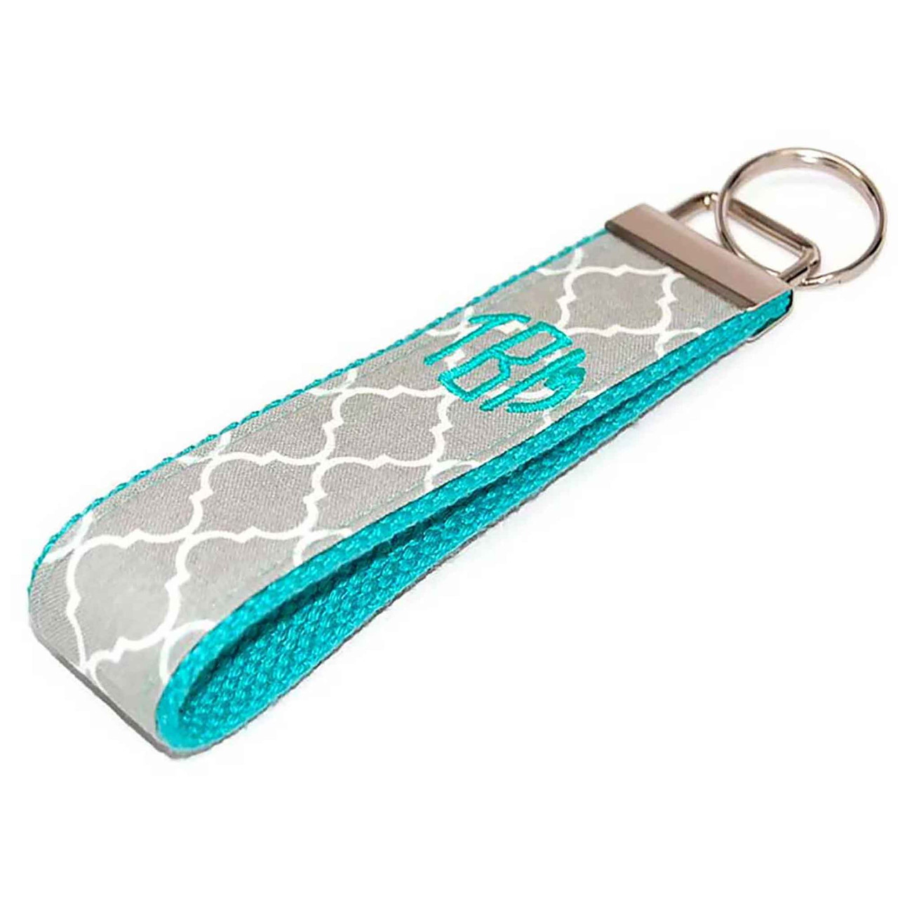 Grey Quatrefoil with Mint Monogram Keychain