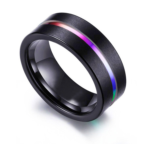 Rainbow Anodized Black Tungsten Carbide Steel Ring Gay And Lesbian