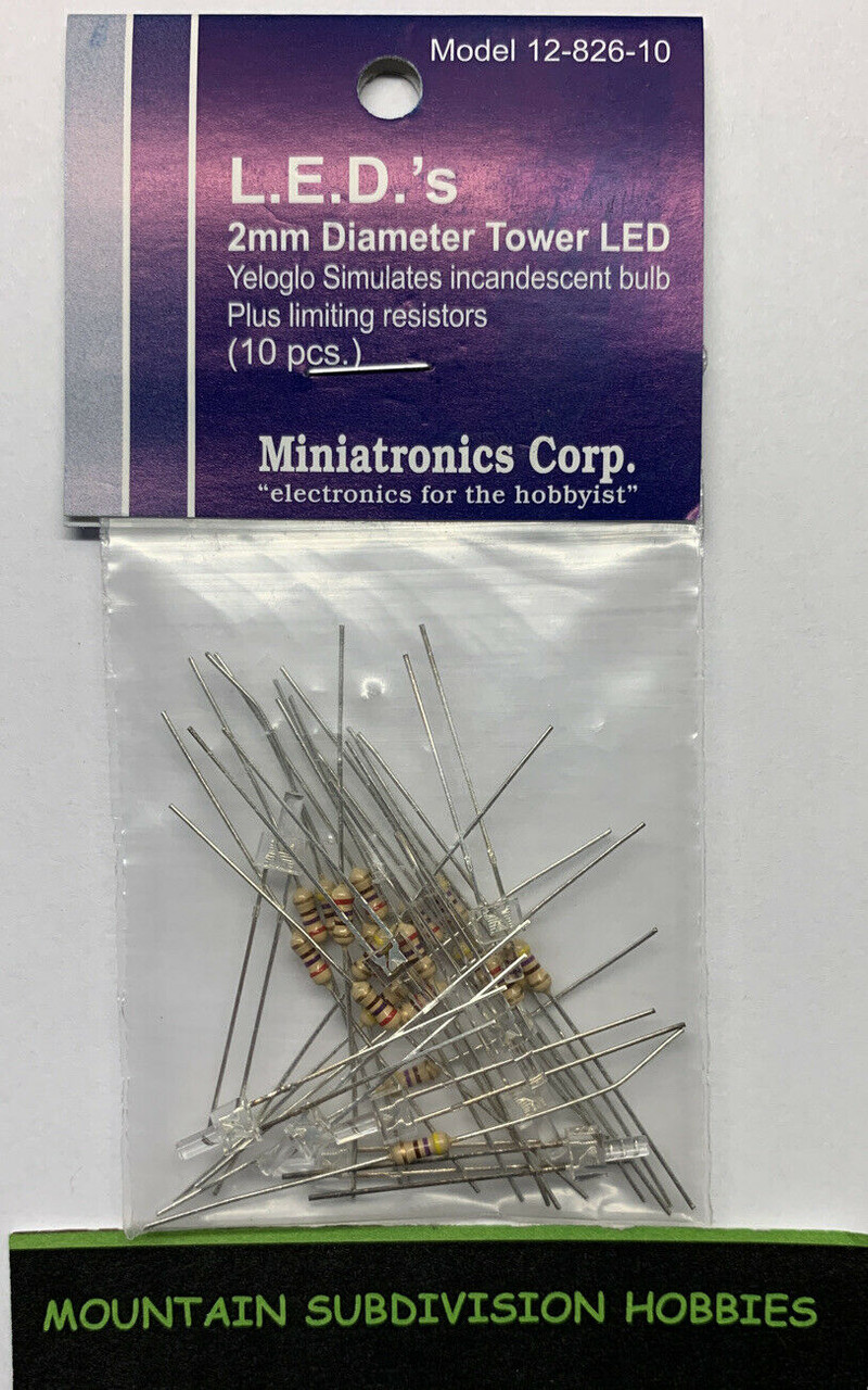 Miniatronics 12-826-10 2mm Tower LEDS and resistors - 10pk - Yeloglow - Mountain Subdivision Hobbies