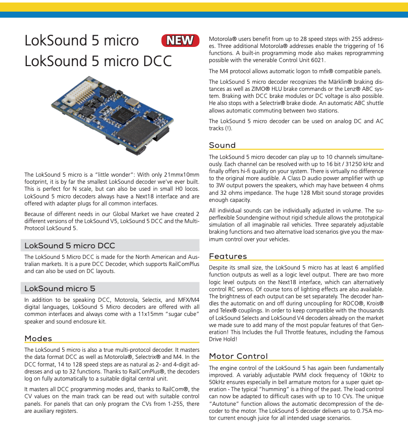 ESU 58820 Loksound 5 DCC Micro 8 Pin Sound Decoder (NMRA 8 pin ...