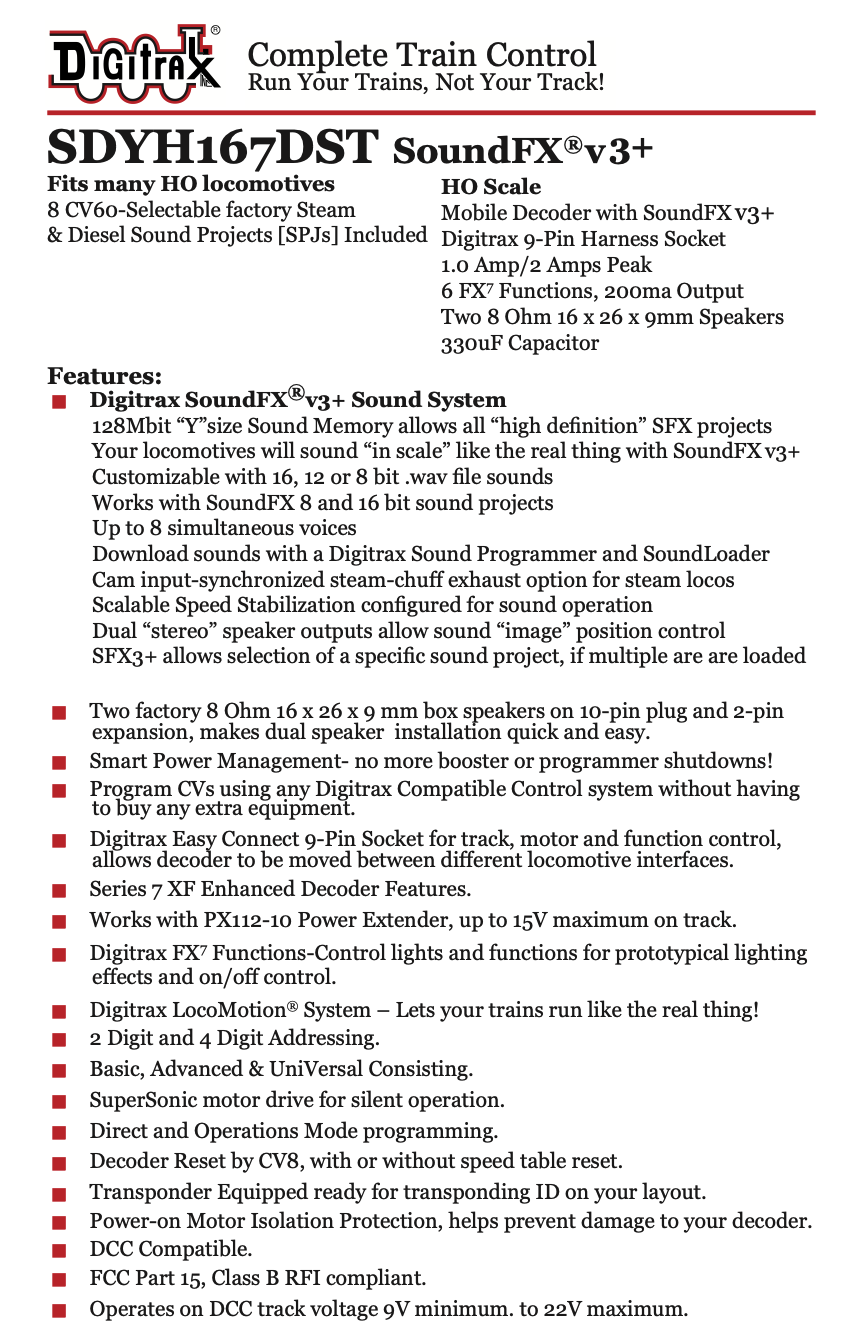 Digitrax SDYH167DST HO DCC Sound Decoder & Dual speakers SoundFX V3 ...