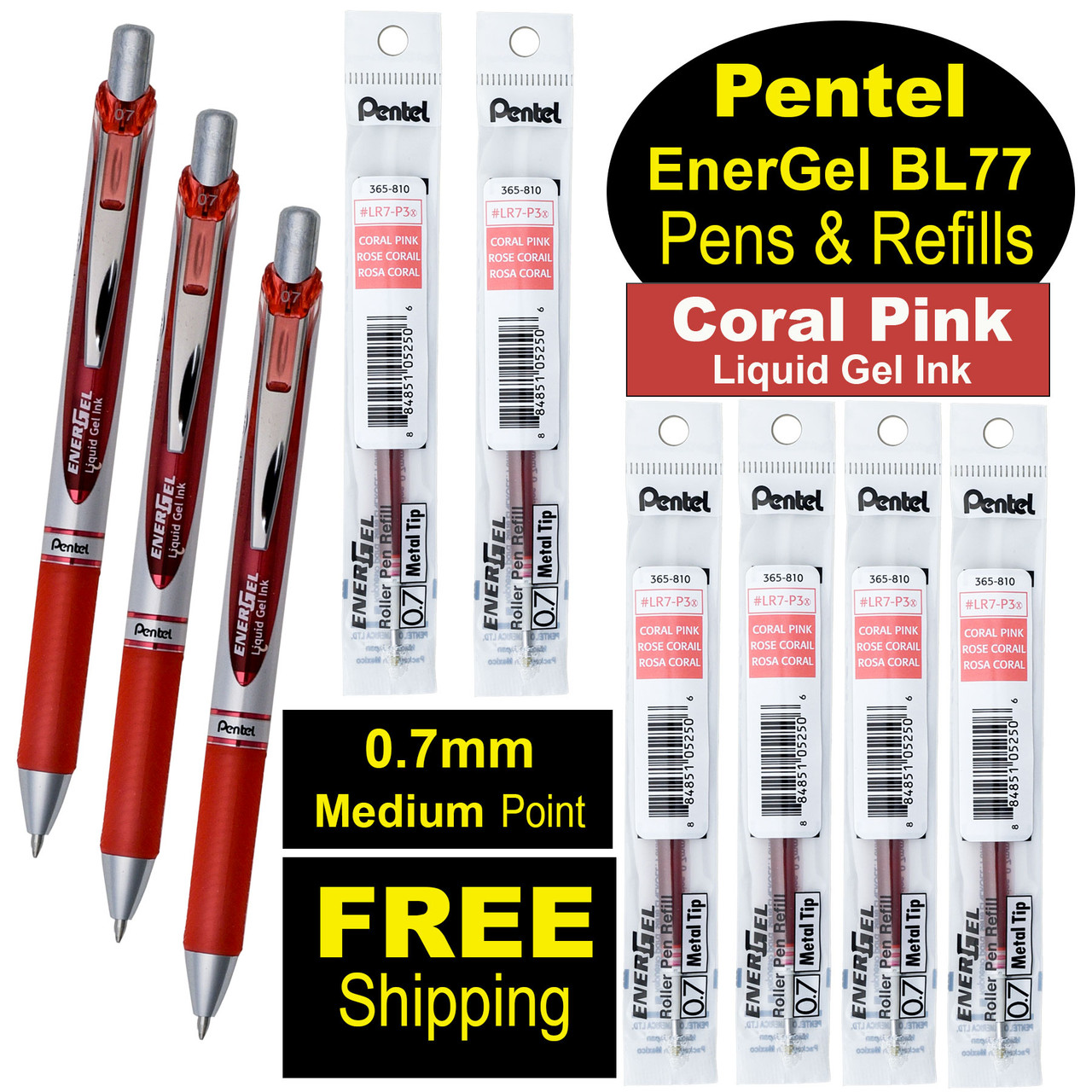 Pentel EnerGel RTX BL77-P3 0.7mm Coral Pink Gel Ink Rollerball Pens ...