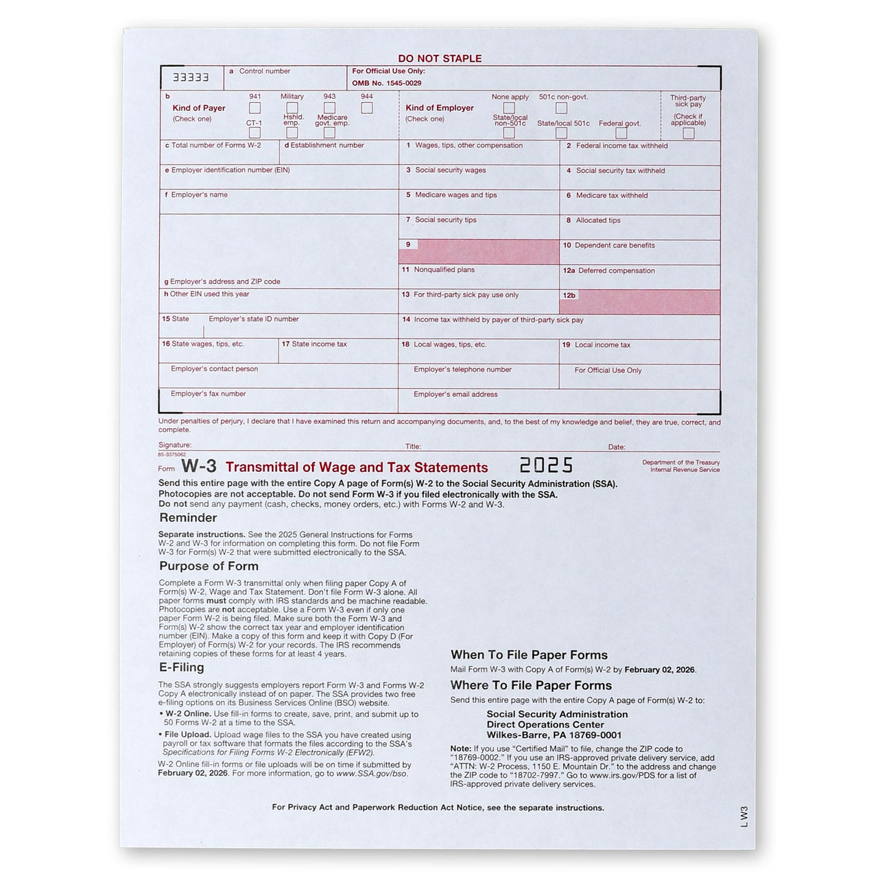 2025 Adams 22990 W2 Forms 4-Part with W3 Transmittal