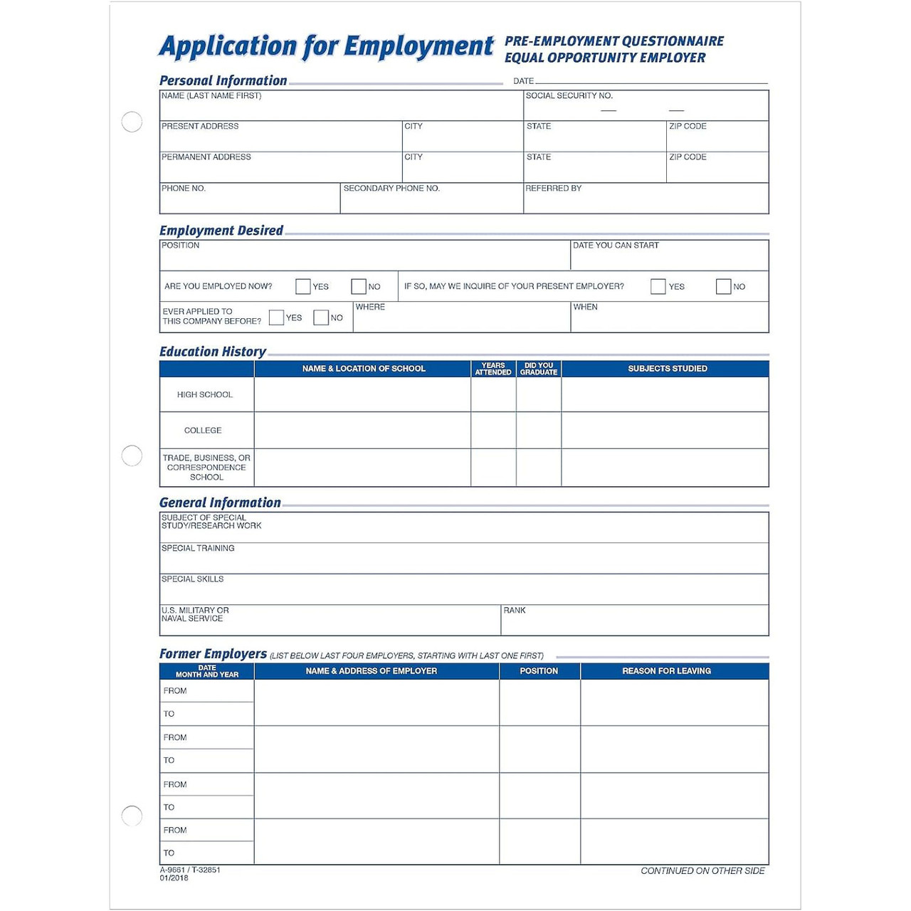 Adams 9661 Application for Employment, Pack of 2 Pads | Nordisco.com