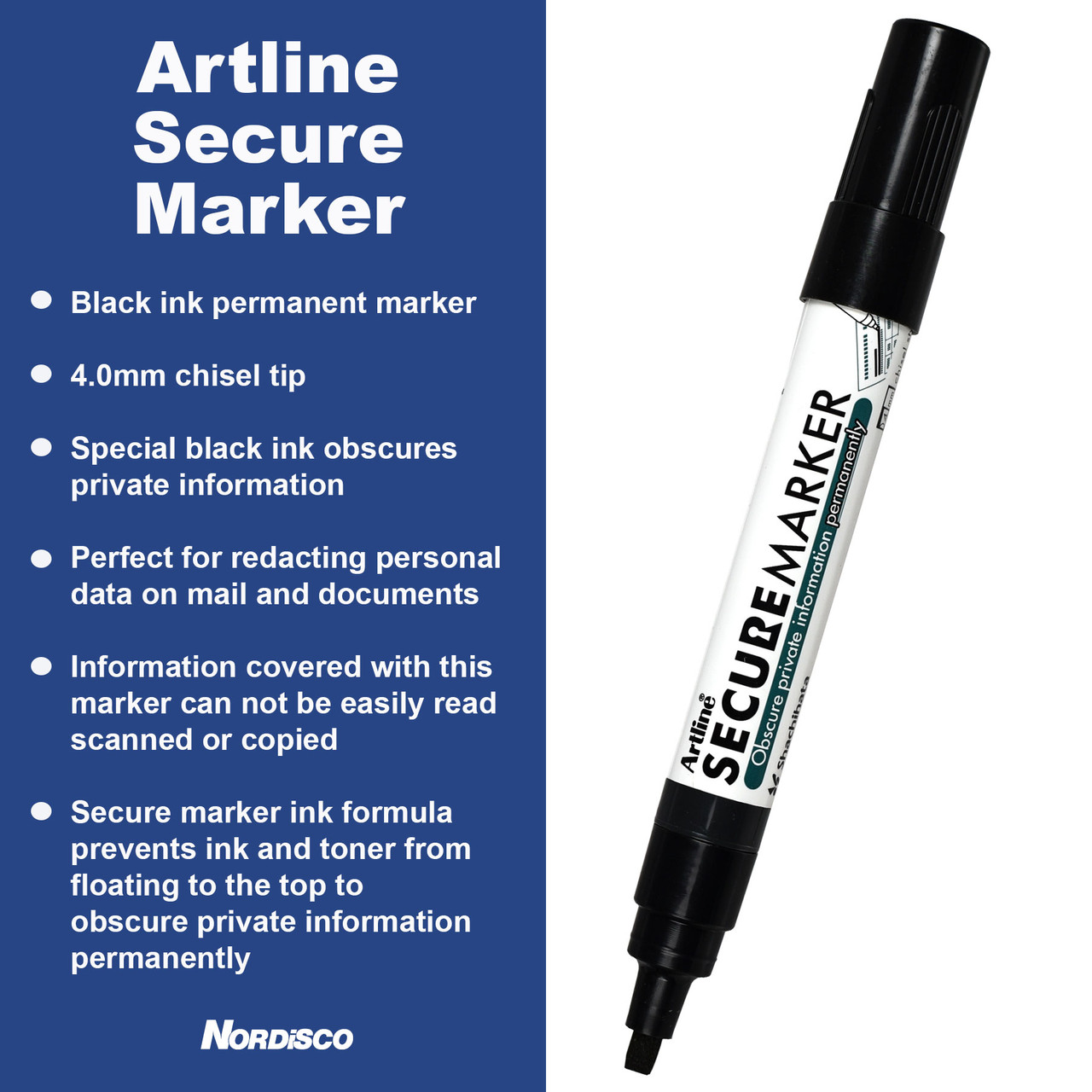 Artline Secure Marker 35305, Black Permanent Ink, Chisel Tip | Nordisco.com