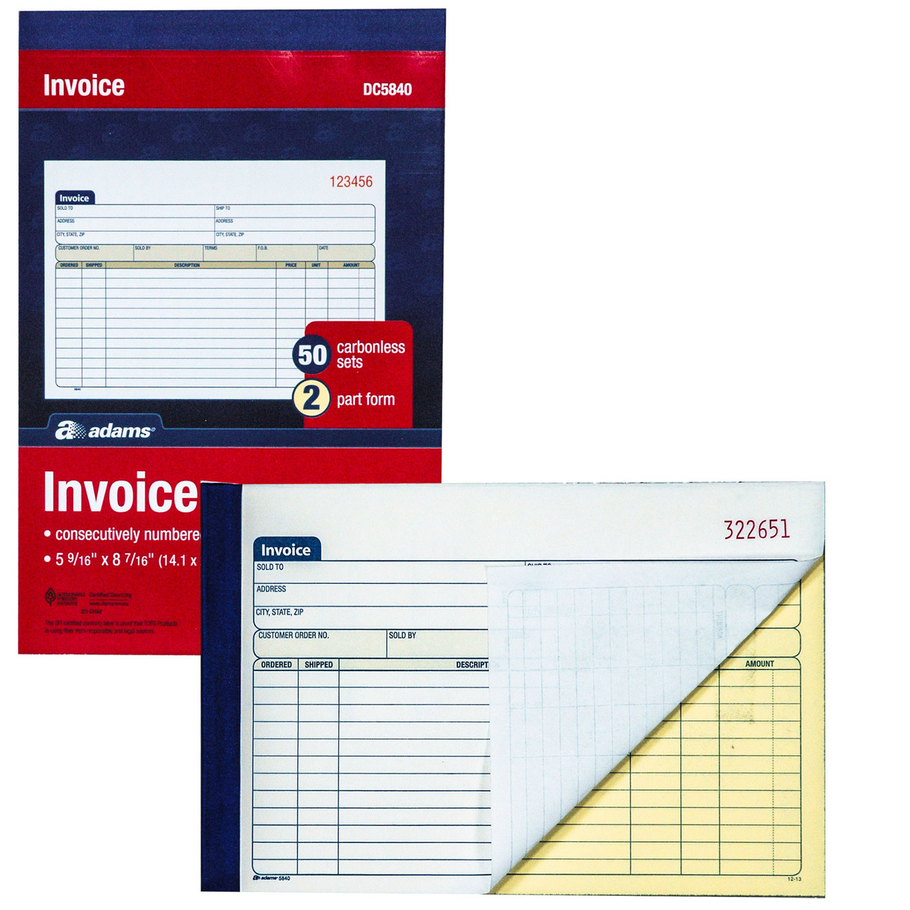 Adams 5840 DC5840 Invoice Book, 2-Part Carbonless, 50 Sets, Numbered, 5 ...