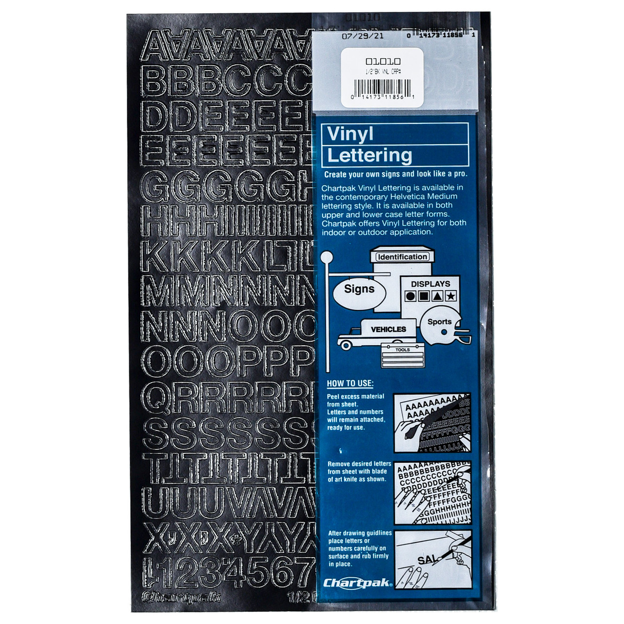 Chartpak 01010 1/2" Black Self-Adhesive Vinyl Lettering, Capital ...