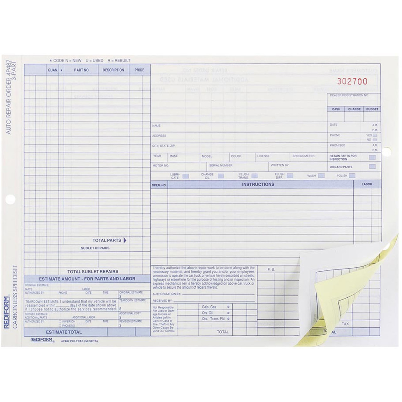Rediform 4P487 Auto Repair Order Form, 3-Part Carbonless, 8-1/2 x 11 ...