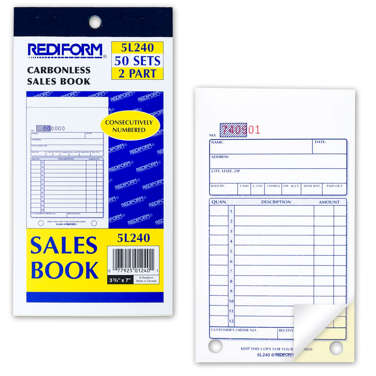 Rediform 5L240 Sales Book, 2-Part Carbonless, 50 Sets, Numbered, 3-2/3 x 7" | Nordisco.com