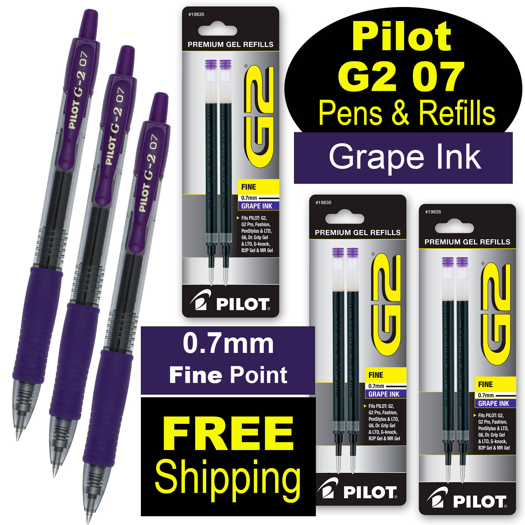 Pilot G2 07 31020 Pens & Refills, Black & Grape Gel Ink, 0.7mm Fine ...